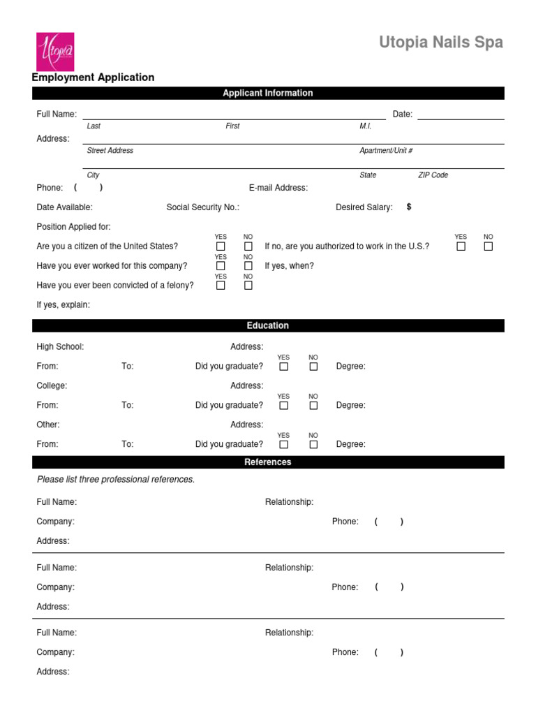 Utopia Nail Salon Job Application | PDF