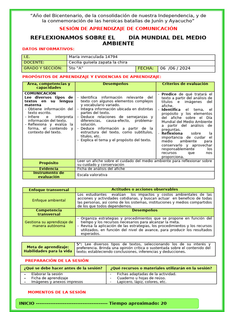 SES-FECHA CÍVICA-DÍA MUNDIAL DEL MEDIO AMBIENTE | PDF | Aprendizaje ...