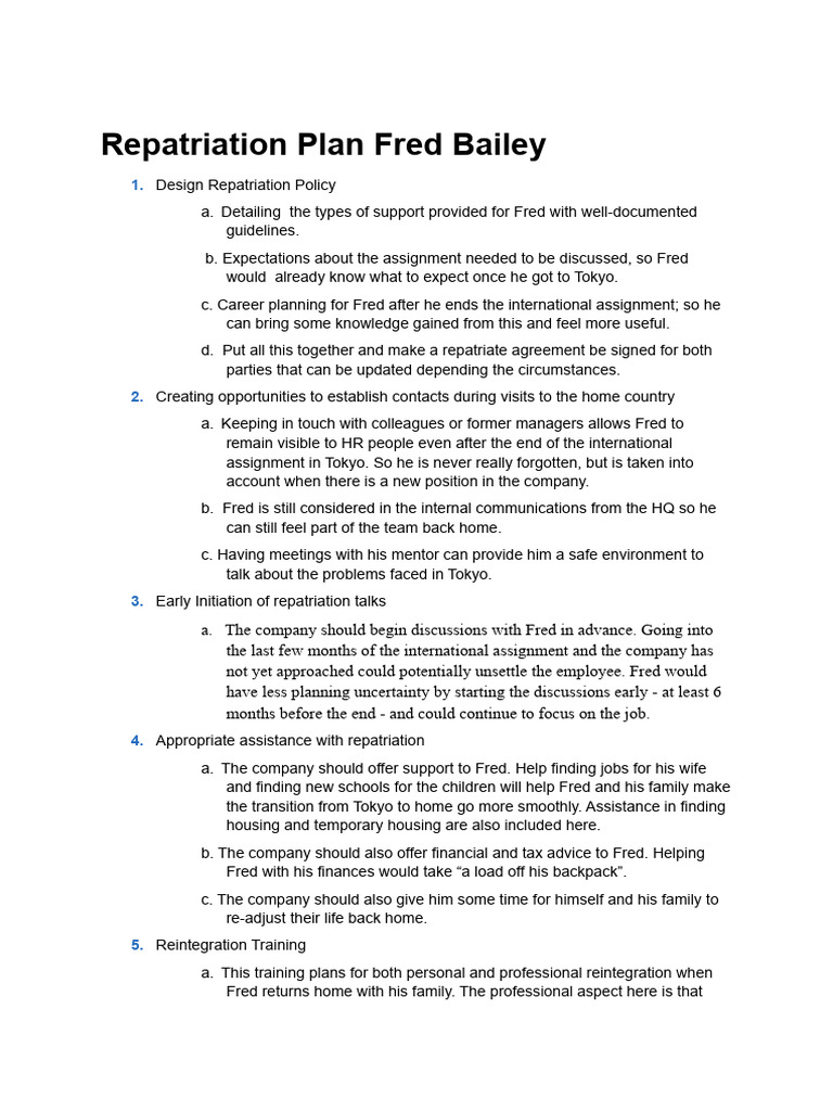 Repatriation Plan Fred Bailey | PDF | Knowledge | Business