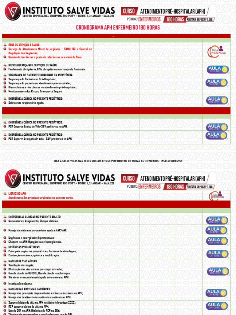 Cronograma Curso Aph Enf 180H | PDF | Medicina Clínica | Emergências médicas