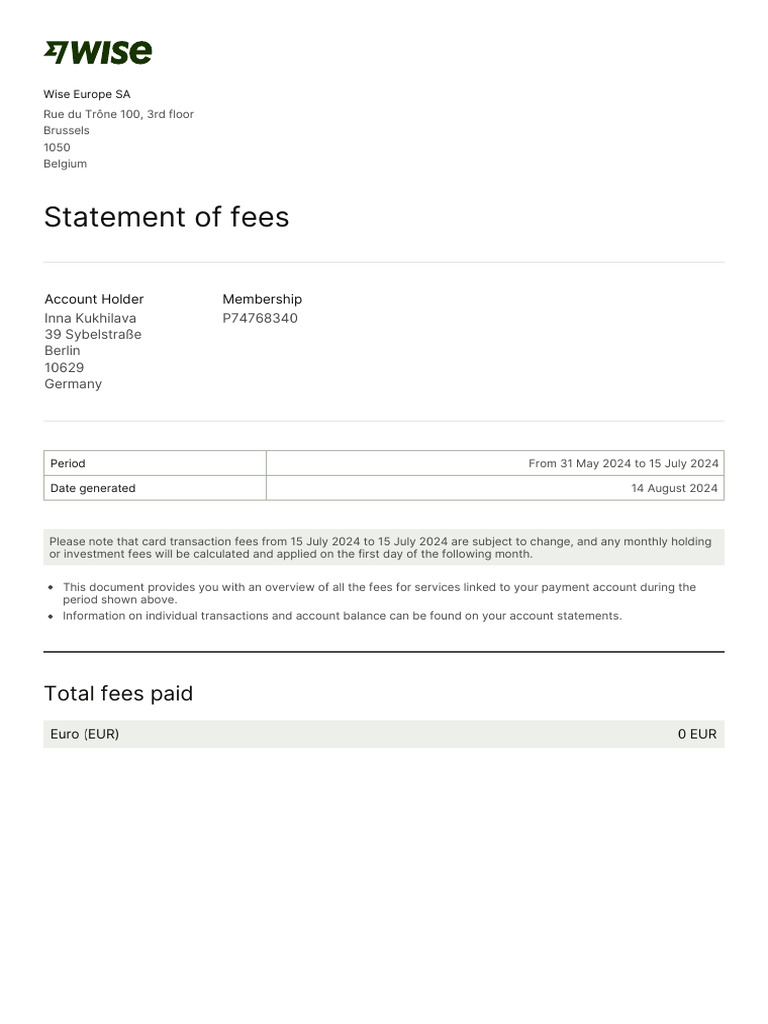 Wise Europe Fee Statement 2024 | PDF | Fee | Euro