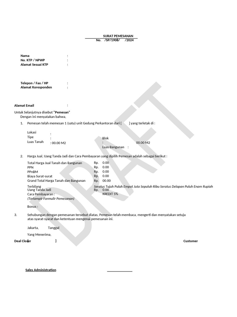 2024.01.18 - Surat Pemesanan - Draft | PDF | Bisnis