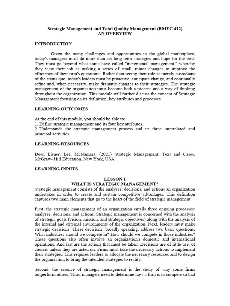 Strategic Management and Total Quality Management | PDF | Strategic Management | Competitive ...