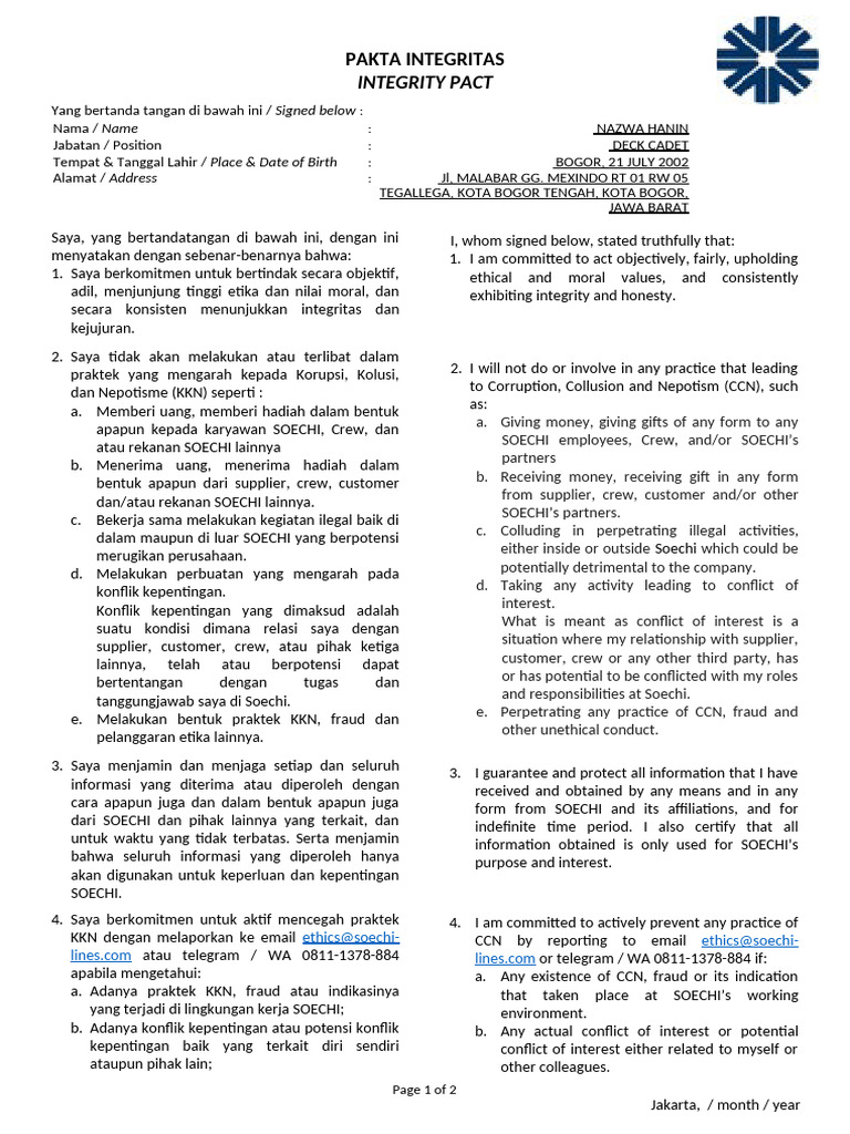 Pakta Integritas Crew (Integrity Pact) Form | PDF