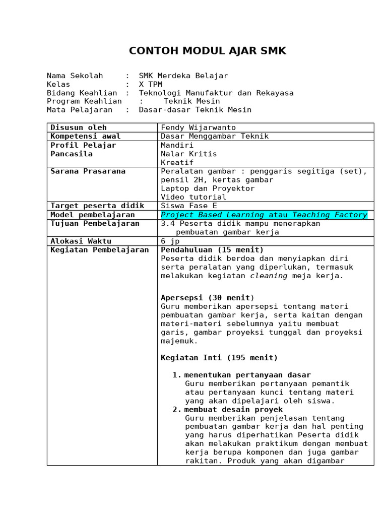 Contoh Modul Ajar Smk.ok 1 | PDF