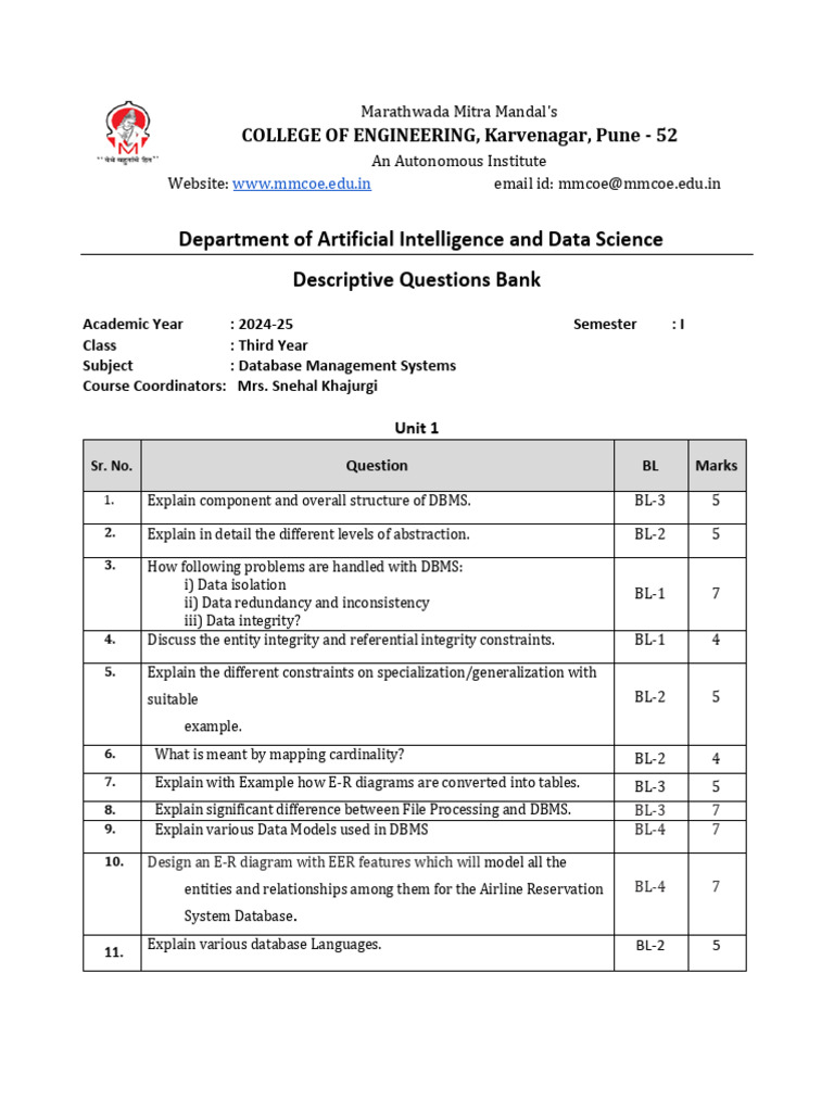 DBMS Descriptive Question Bank Unit I - III | PDF | Databases | Sql