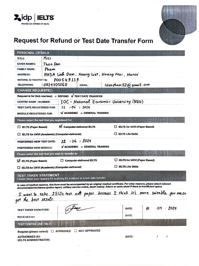 Request For Test Date Transfer | PDF | International English Language ...