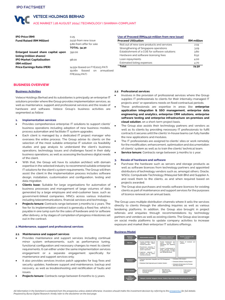 IPO Facsheet (Vetece Holdings Berhad) - 0 | PDF | Governance | Analytics