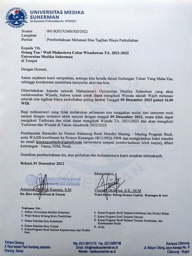 Surat Pemberitahuan Calon Wisudawan | PDF