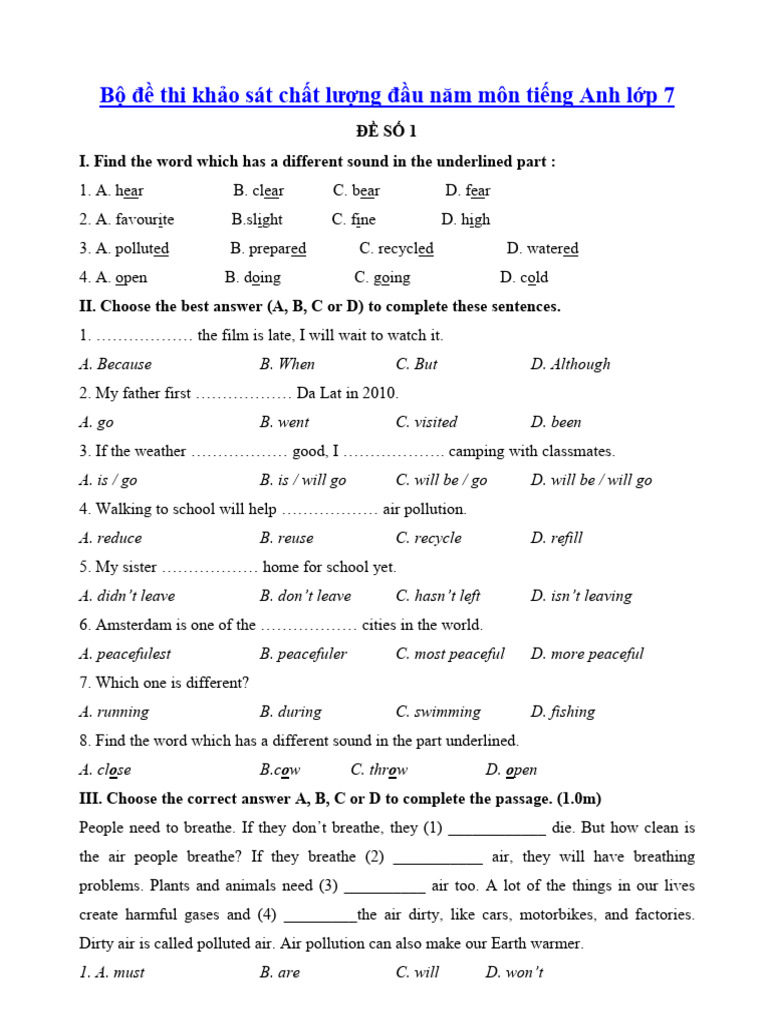 De Thi Khao Sat Chat Luong Dau Nam Mon Tieng Anh Lop 7 Trang | PDF | Robot | Robotics