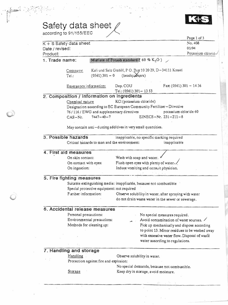 MSDS MOP Jerman-ENG | PDF | Materials | Chemistry