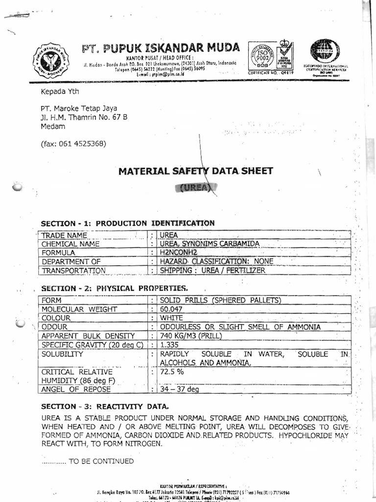 1.MSDS Urea Iskandar Muda-ENG | PDF | Freight Transport