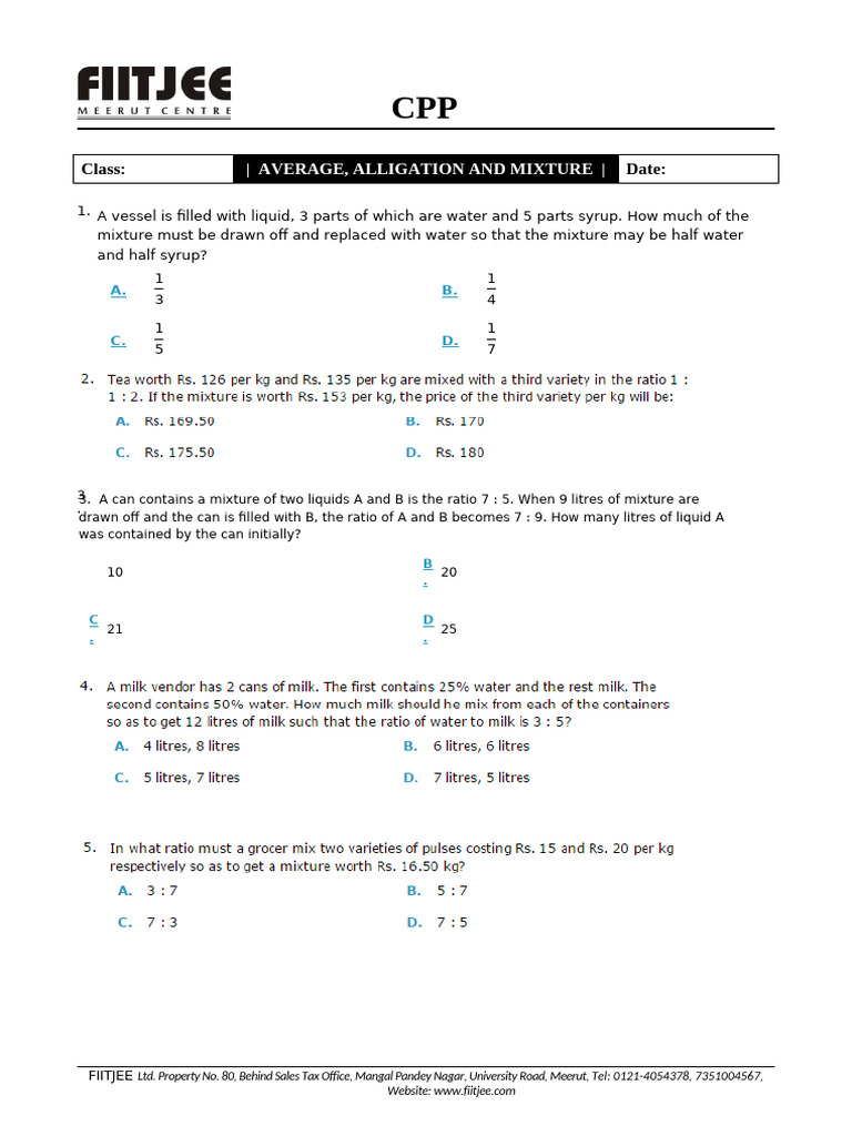 Average Alligation and Mixture | PDF | Ratio | Mixture