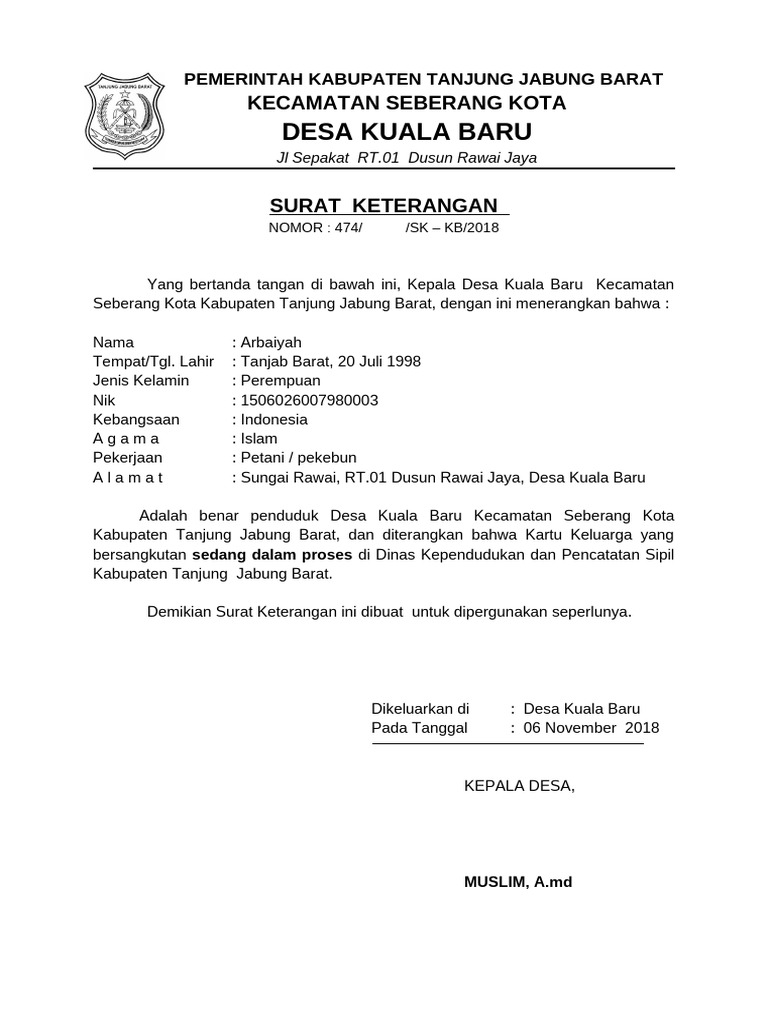 surat keterangan pengganti KK sementara zaini | PDF