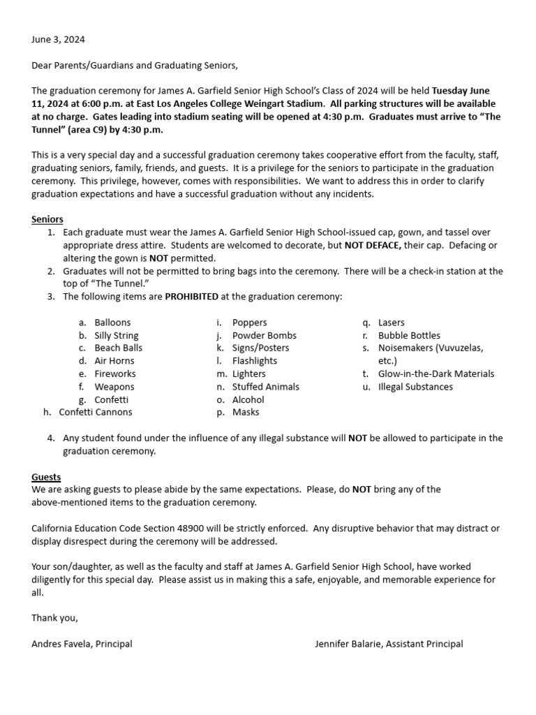Parent Senior Letter Regarding Ceremony 2024 | PDF | Artes del Lenguaje ...