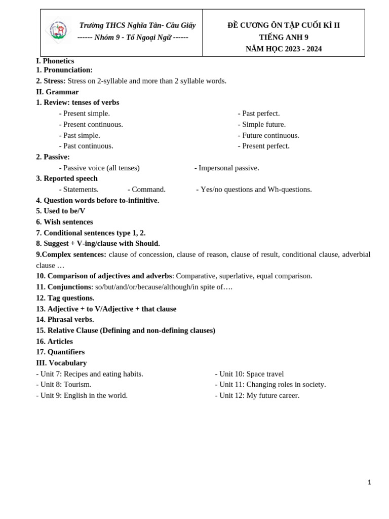 Ôn Tập HKII - TA9 | PDF | English Language | Linguistics