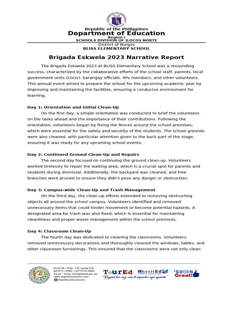 Brigada Eskwela Narrative Report 2023-2024 | PDF | Classroom | Learning