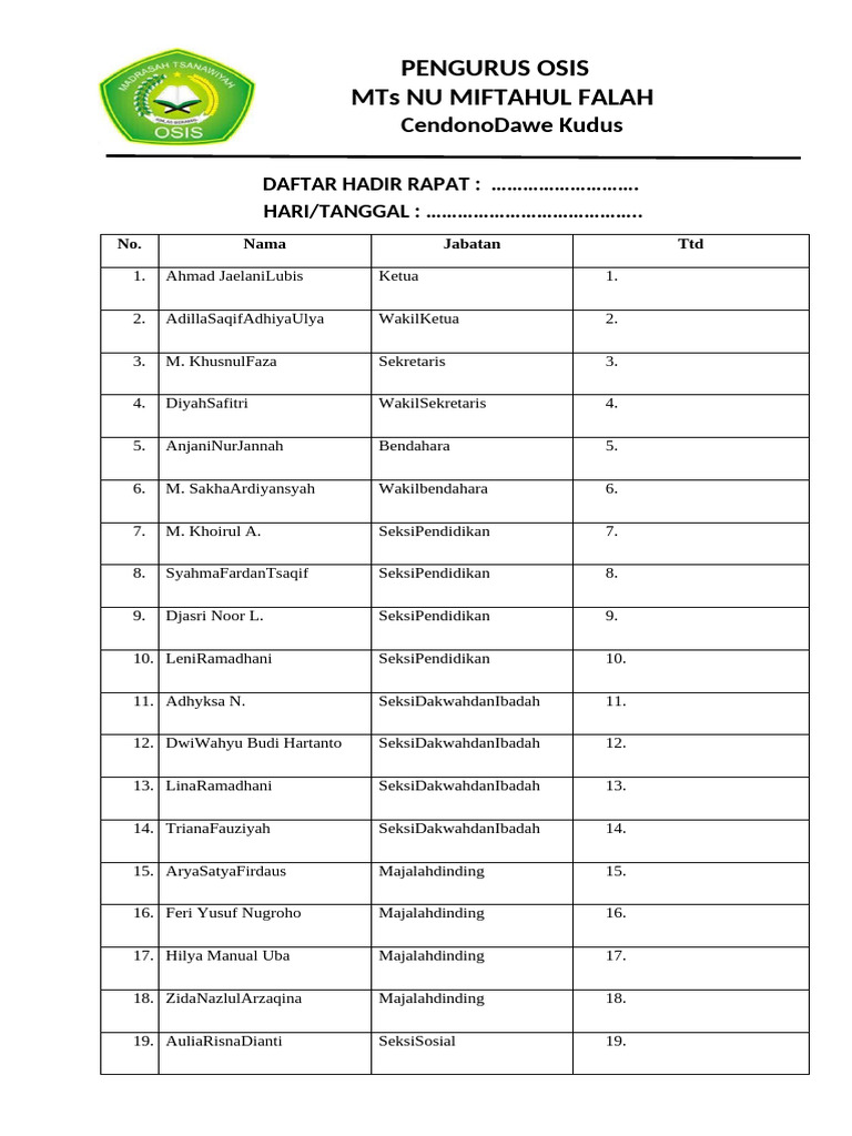 Contoh Daftar Hadir Raker Pengurus Osis | PDF | Perjalanan