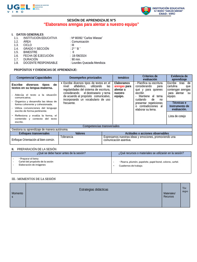 Sesion 5 - Com - Elaboramos Arengas | PDF | Evaluación | Aprendizaje