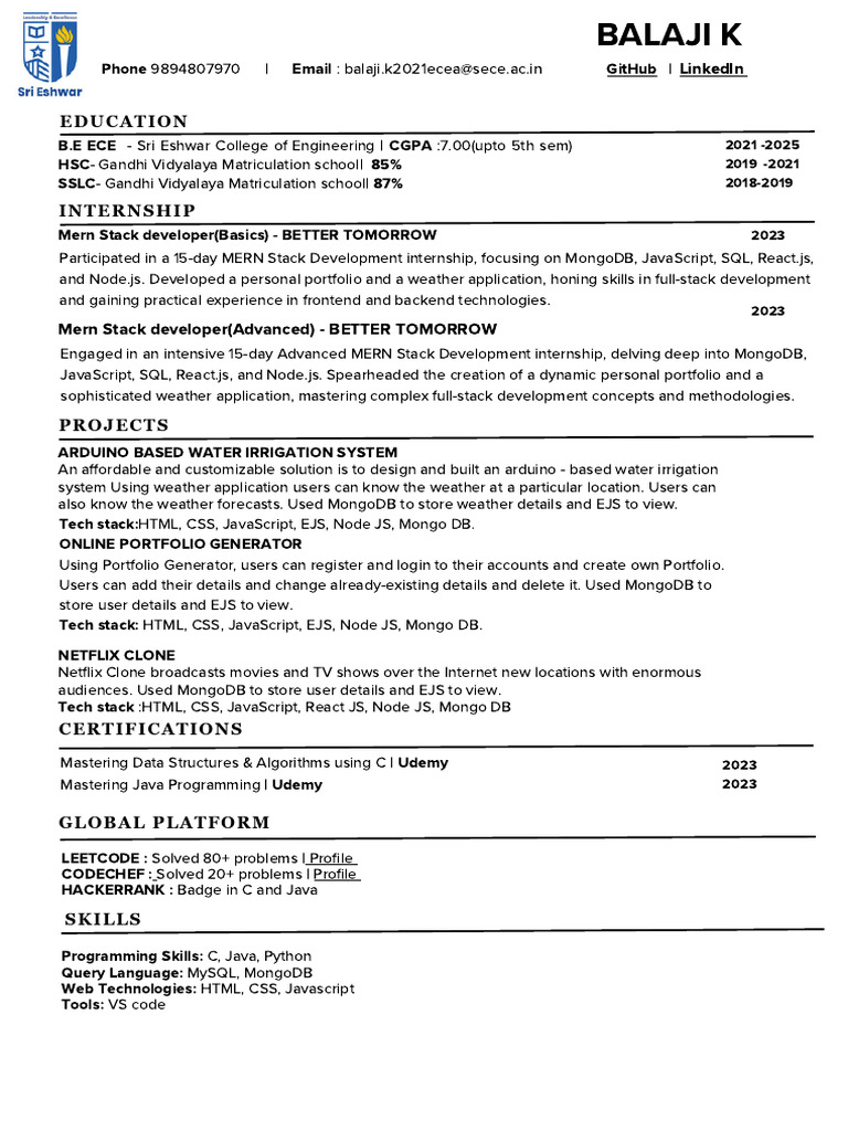BALAJI.K resume | PDF | Java Script | Mongo Db
