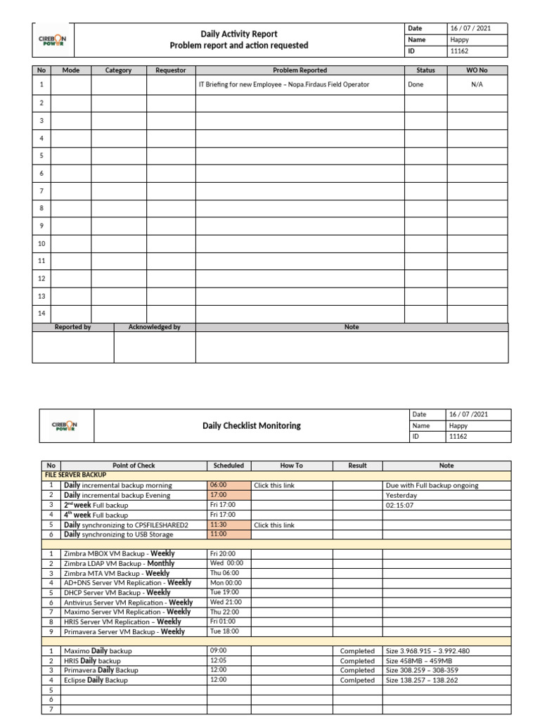 Daily activity record | PDF | Backup | Software