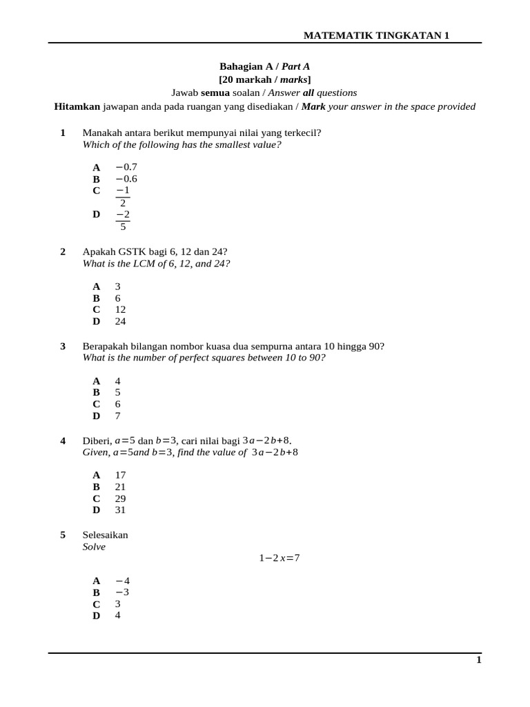 Soalan PAT MT Ting 1-2021 | PDF
