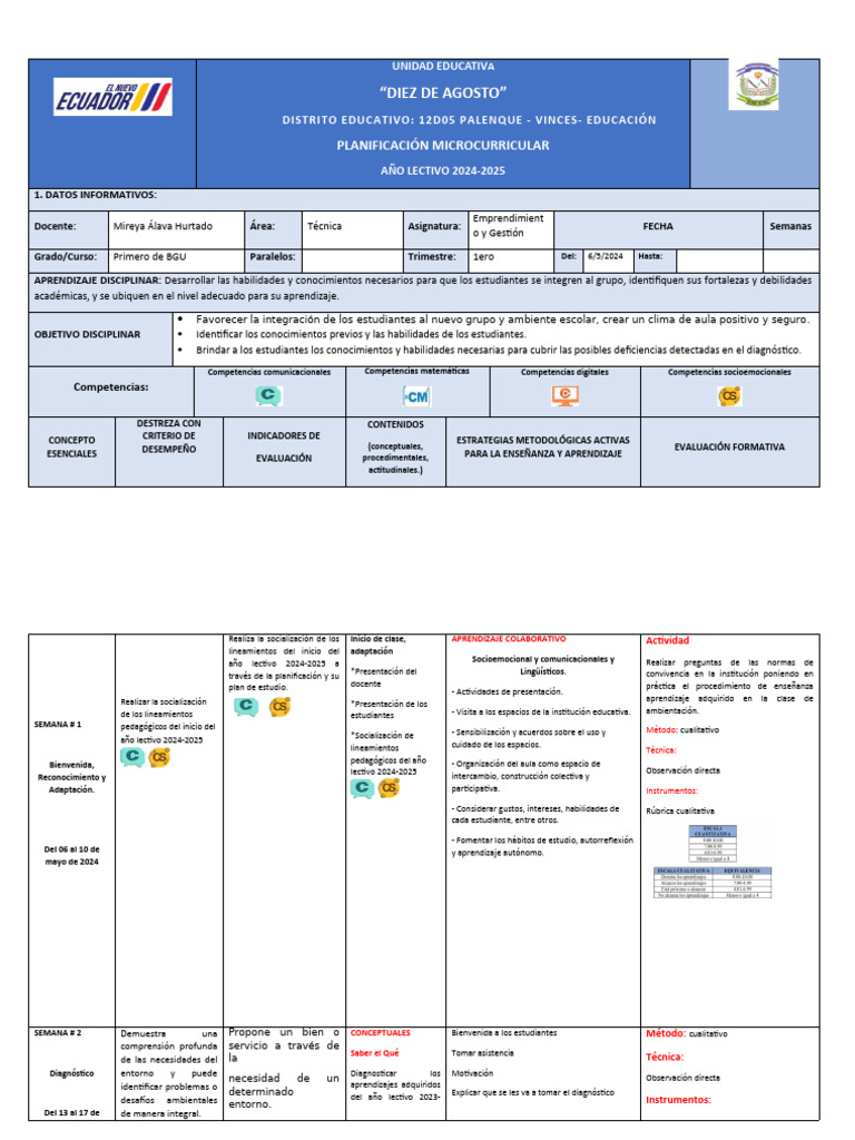 PLANIFICACION_MICRO_CURRICULAR_2024-2025___EMP_1RO[1] | PDF | Evaluación | Iniciativa empresarial