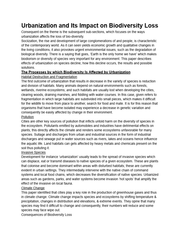 Urbanization and Its Impact On Biodiversity Loss | PDF | Biodiversity | Climate Change