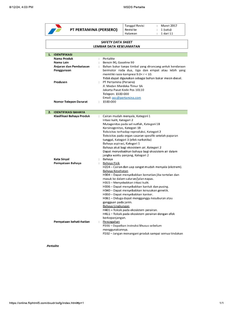 MSDS Pertalite | PDF