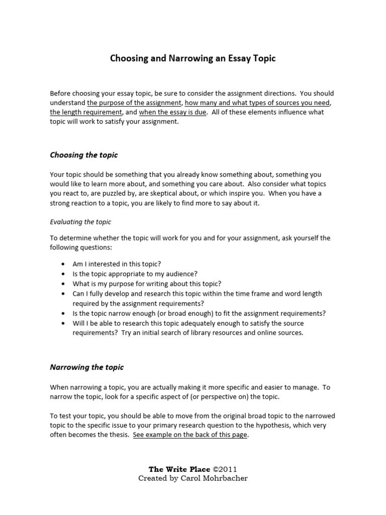 Choosing and Narrowing An Essay Topic | PDF | Educational Technology ...