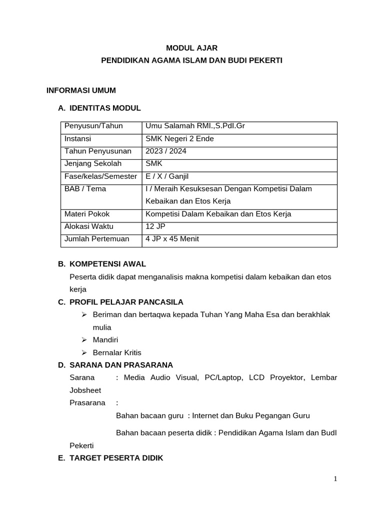 Modul Ajar Pai Sma Kelas X Bab 1 | PDF