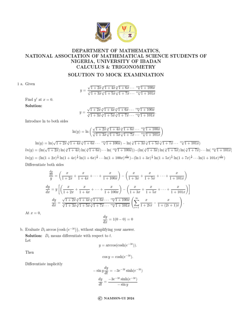 Solution To Mat - 121 Namssn Mock | PDF | Mathematical Analysis ...