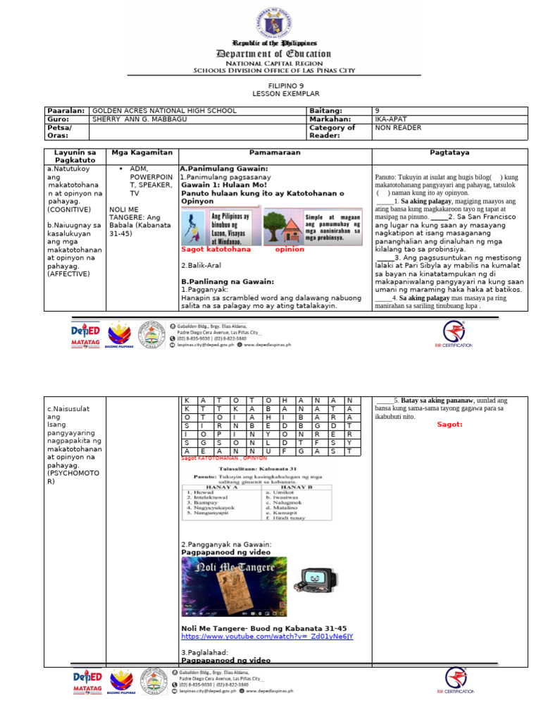 Filipino 9 Lesson Exemplar (4th Q)W4-NON READER | PDF
