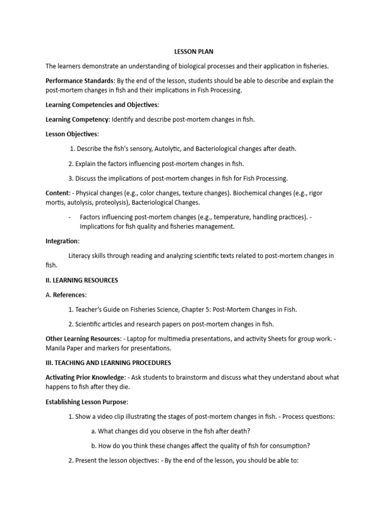 Lesson Plan - Post-Mortem Changes in Fish | PDF | Learning | Lesson Plan