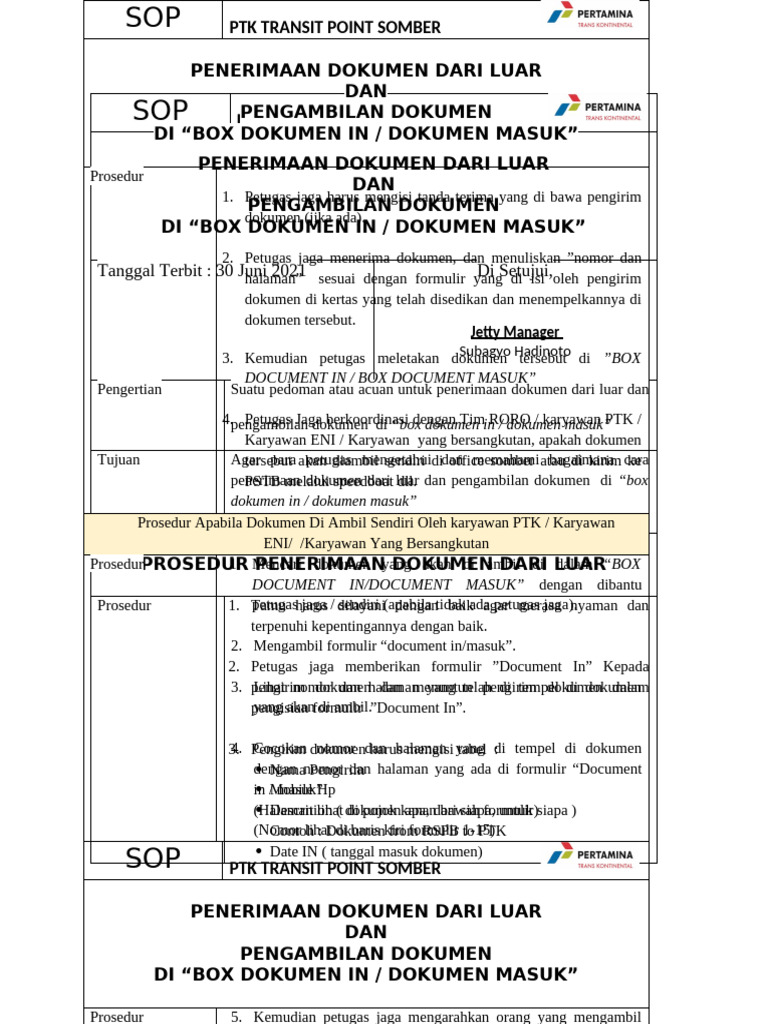 SOP Peneriman dokumen dari luar dan pengambilan dokumen di BOX Document IN | PDF