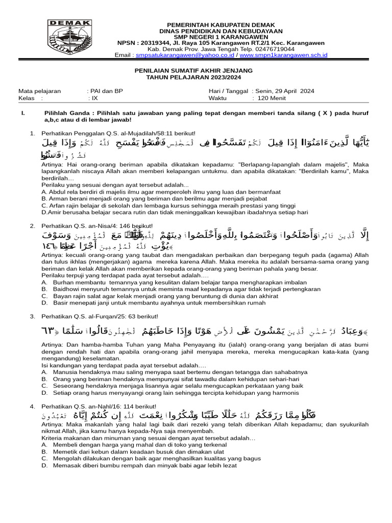 Penilaian PAI dan BP Kelas IX 2024 | PDF