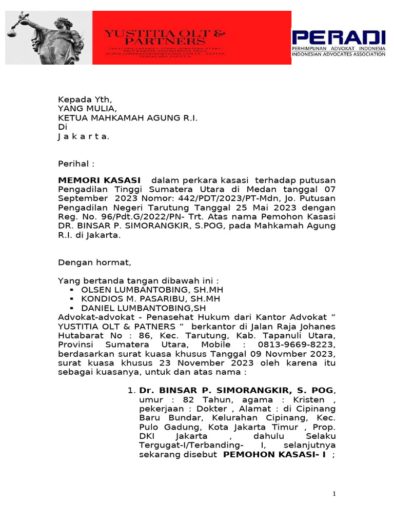 Kasasi Binsar Hironimus 09102023 | PDF