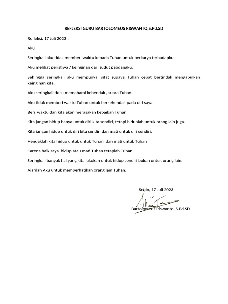 REFLEKSI GURU Bartolomeus Riswanto Cimahi | PDF