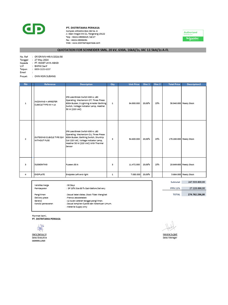 Penawaran Harga Panel TM Schneider SM6 Proyek Chin Hsin | PDF ...