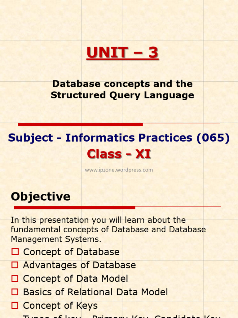 11th IP Unit-3 Database Concept and SQL | PDF | Databases | Sql 11th IP Unit-3 Database Concept and SQL | PDF | Databases | Sql