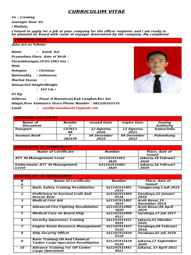 Officer Engineer CV of Sandi Rai Pramudana | PDF | Merchant Navy | Shipping