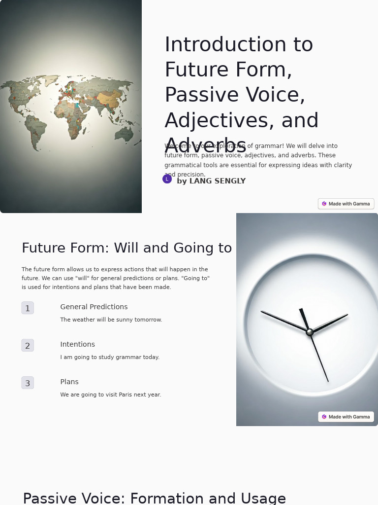 Introduction to Future Form Passive Voice Adjectives and Adverbs | PDF | Adverb | Adjective