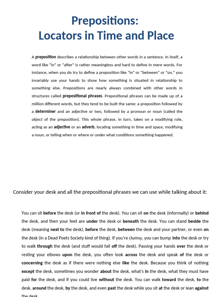 Prepositions of Time and Place Explained | PDF | English Grammar | Preposition And Postposition