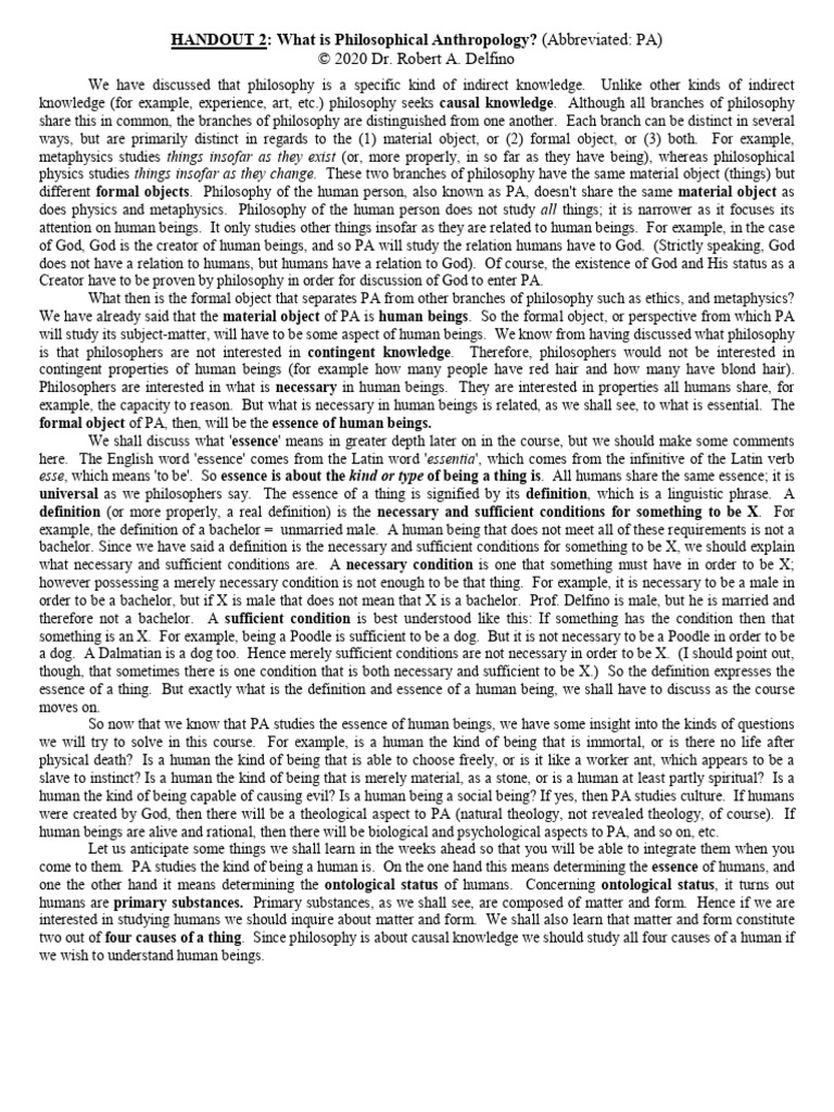 Handout 02 What Is PA (Philosophical Anthropology) | PDF | Essence | Metaphysics