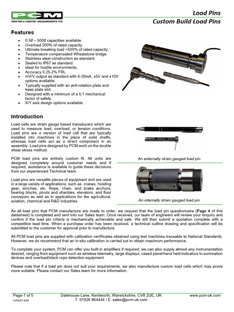 Load Pin Data Sheet | PDF | Electrical Connector | Calibration