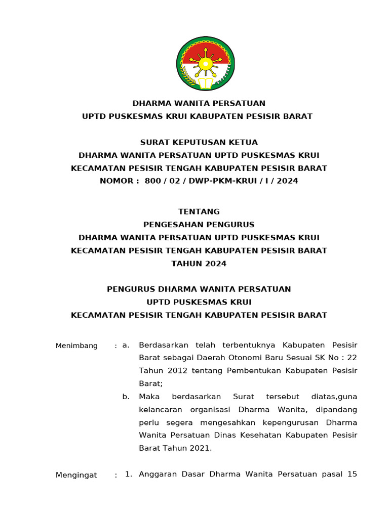 SK Dharma Wanita Persatuan Uptd. Puskesmas Krui 2024 Baru Juli-1 | PDF SK Dharma Wanita Persatuan Uptd. Puskesmas Krui 2024 Baru Juli-1 | PDF