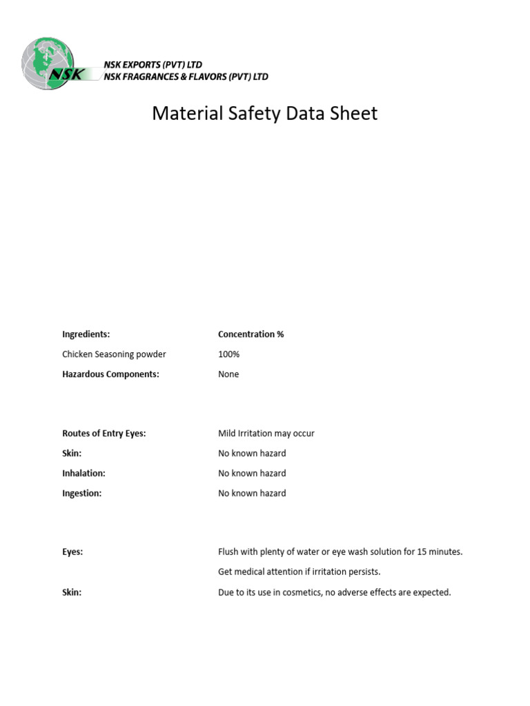 MSDS Seasoning Powder - CHICKEN | PDF | Firefighting | Hygiene