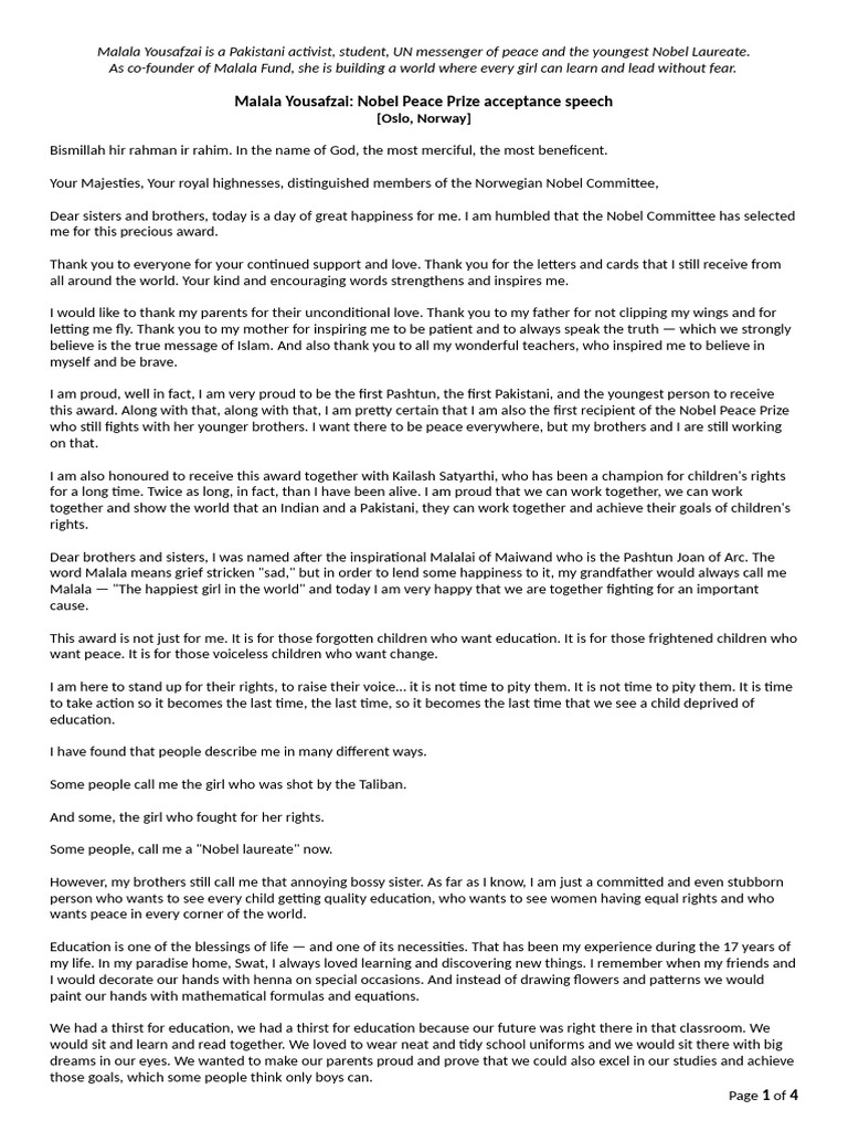 Malala Yousafzai's Nobel Speech on Education | PDF | Malala Yousafzai