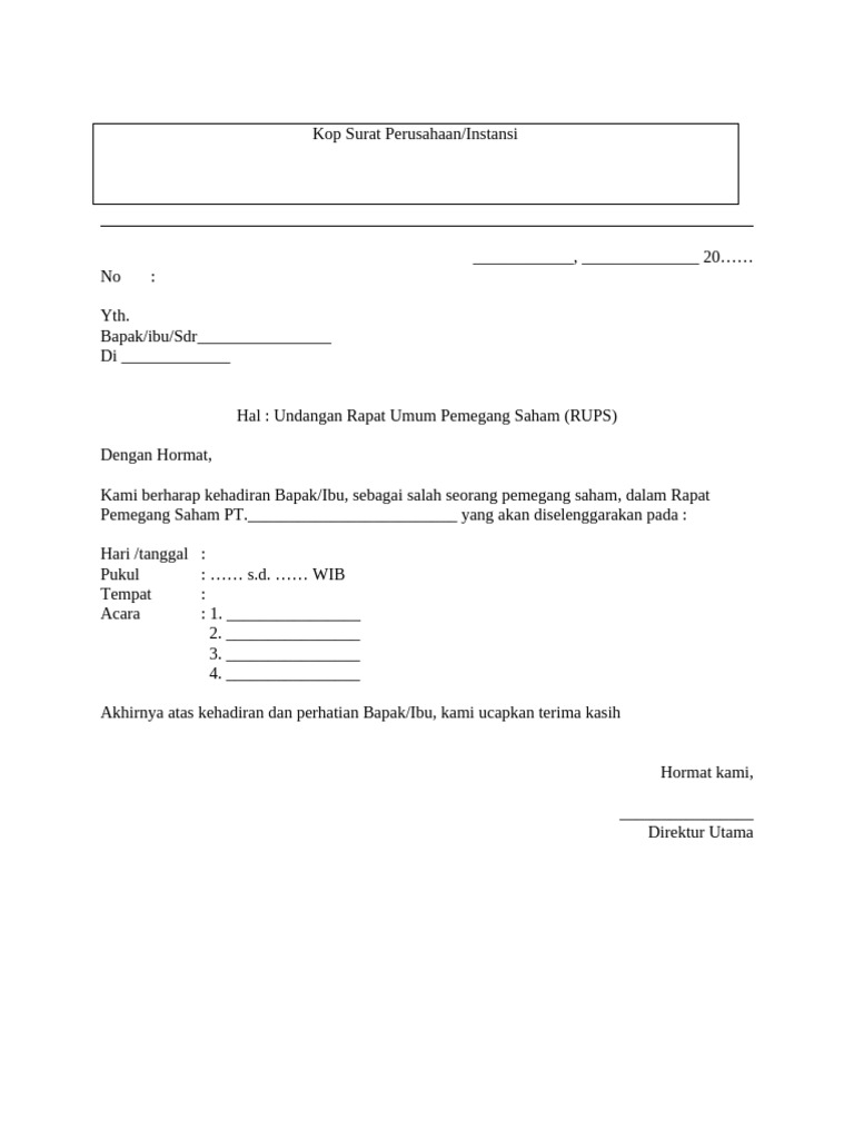 Contoh Surat Undangan Rapat Umum Pemegang Saham | PDF | Karier & Perkembangan | Bisnis