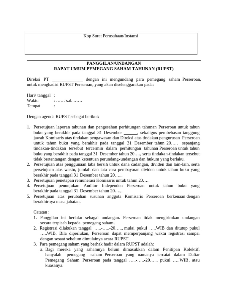 Contoh Surat Undangan Rapat Umum Pemegang Saham Tahunan | PDF | Hukum